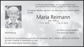 Maria Reimann | Traueranzeige | trauer.inFranken.de
