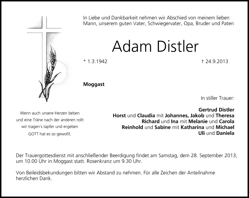 Adam Distler | Traueranzeige | trauer.inFranken.de