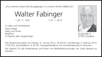 Walter Fabinger | Traueranzeige | trauer.inFranken.de