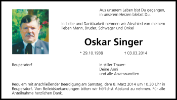 Oskar Singer | Traueranzeige | trauer.inFranken.de