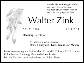 Walter Zink | Traueranzeige | trauer.inFranken.de