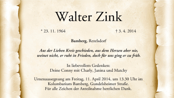Walter Zink | Traueranzeige | trauer.inFranken.de