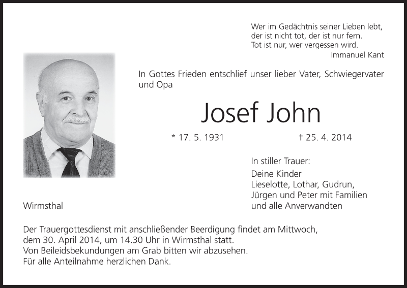 Josef John | Traueranzeige | trauer.inFranken.de