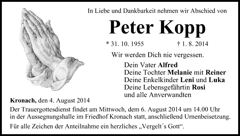 Peter Kopp | Traueranzeige | trauer.inFranken.de