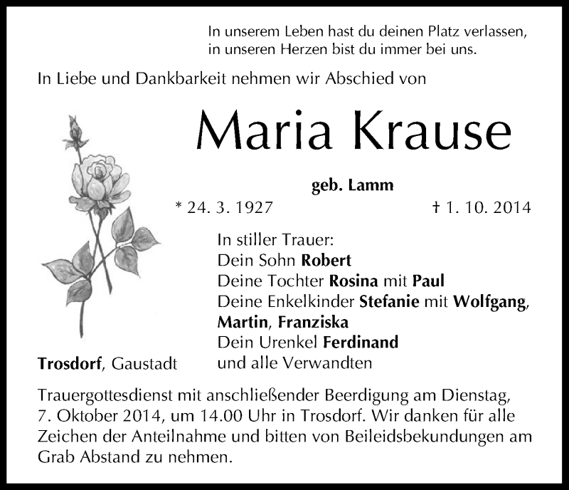 Maria Krause | Traueranzeige | trauer.inFranken.de