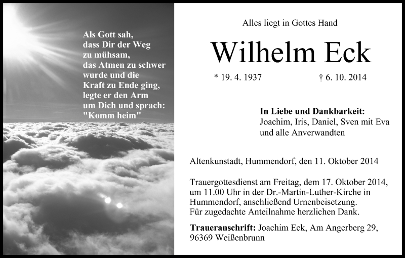 Wilhelm Eck | Traueranzeige | trauer.inFranken.de