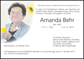 Amanda Behr | Traueranzeige | trauer.inFranken.de