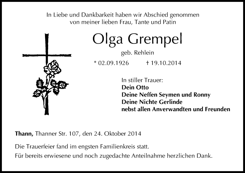 Olga Grempel | Traueranzeige | trauer.inFranken.de