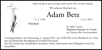 Adam Betz | Traueranzeige | trauer.inFranken.de