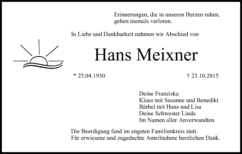 Hans Meixner | Traueranzeige | trauer.inFranken.de