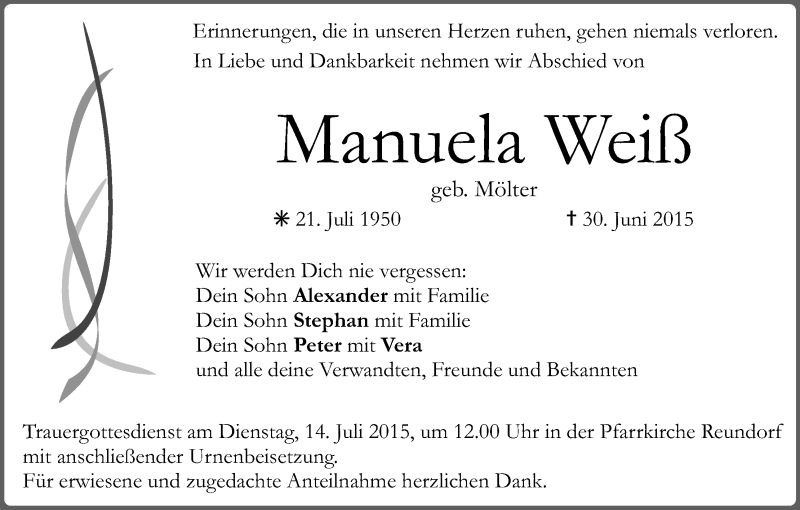 Manuela Weiß | Traueranzeige | trauer.inFranken.de