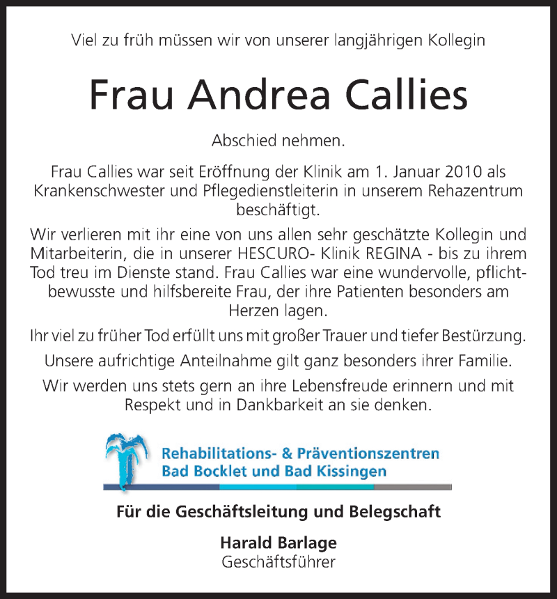 Andrea Callies | Traueranzeige | trauer.inFranken.de