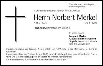 Norbert Merkel | Traueranzeige | trauer.inFranken.de