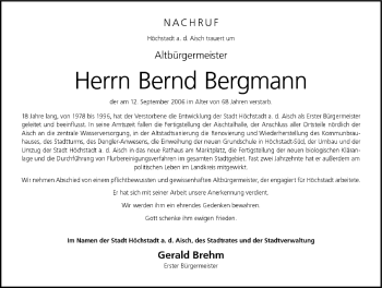 Bernd Bergmann | Traueranzeige | trauer.inFranken.de