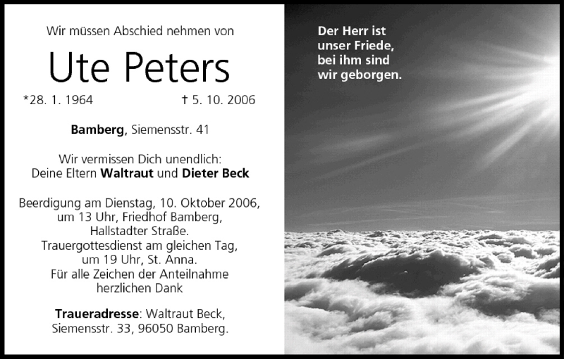 Ute Peters | Traueranzeige | trauer.inFranken.de