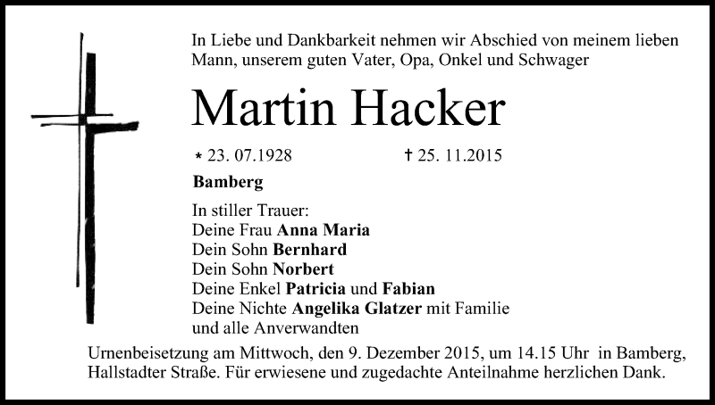 Martin Hacker | Traueranzeige | trauer.inFranken.de