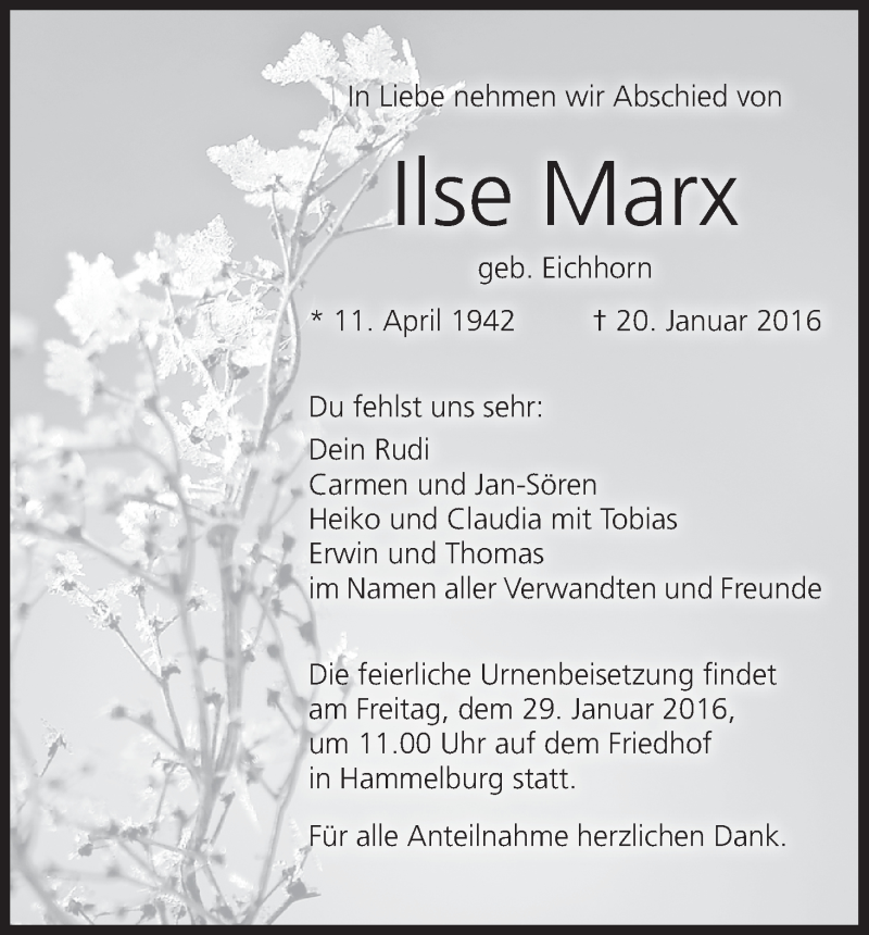 Ilse Marx | Traueranzeige | trauer.inFranken.de