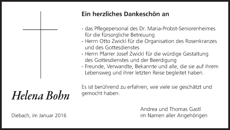 Helena Bohn | Traueranzeige | trauer.inFranken.de