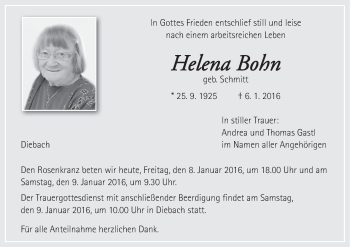Helena Bohn | Traueranzeige | trauer.inFranken.de