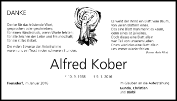 Alfred Kober | Traueranzeige | trauer.inFranken.de