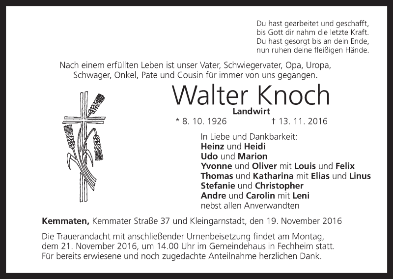 Walter Knoch | Traueranzeige | trauer.inFranken.de