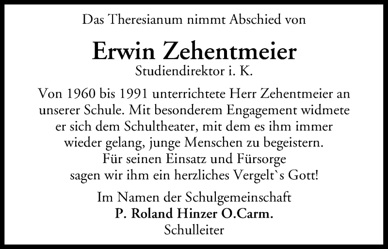 Erwin Zehentmeier | Traueranzeige | trauer.inFranken.de