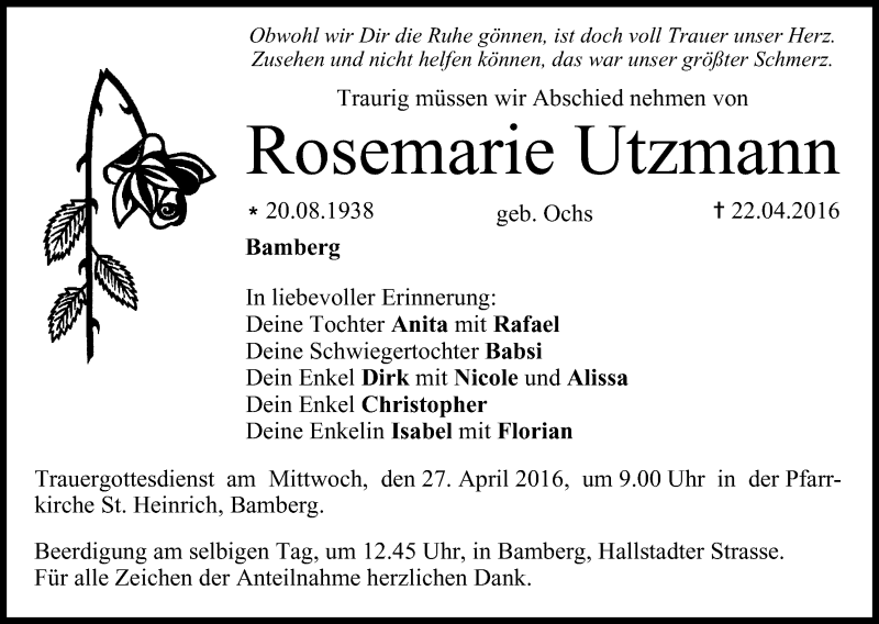 Rosemarie Utzmann | Traueranzeige | trauer.inFranken.de