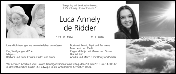 Luca Annely de Ridder | Traueranzeige | trauer.inFranken.de