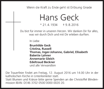 Hans Geck | Traueranzeige | trauer.inFranken.de