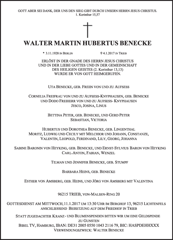 Walter Martin Hubertus Benecke | Traueranzeige | trauer.inFranken.de
