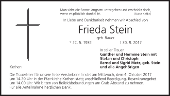 Frieda Stein | Traueranzeige | trauer.inFranken.de