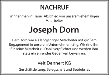 Joseph Dorn | Traueranzeige | trauer.inFranken.de