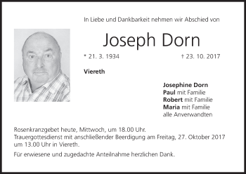 Joseph Dorn | Traueranzeige | trauer.inFranken.de