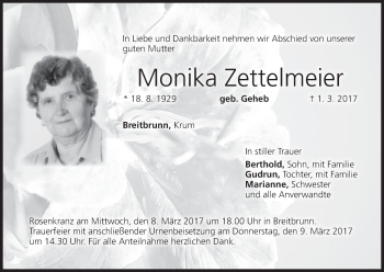 Monika Zettelmeier | Traueranzeige | trauer.inFranken.de