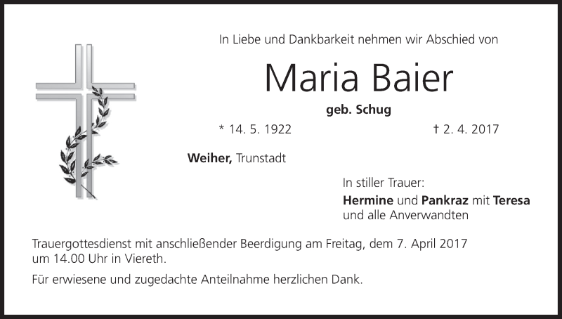 Maria Baier | Traueranzeige | trauer.inFranken.de