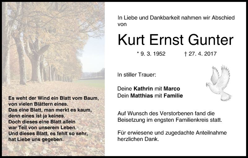Kurt Ernst Gunter | Traueranzeige | trauer.inFranken.de