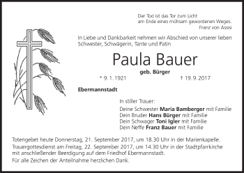 Paula Bauer | Traueranzeige | trauer.inFranken.de
