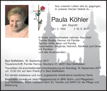 Paula Köhler | Traueranzeige | trauer.inFranken.de