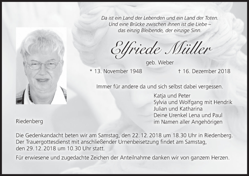 Elfriede Müller | Traueranzeige | trauer.inFranken.de