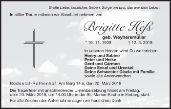 Brigitte Heß | Traueranzeige | trauer.inFranken.de