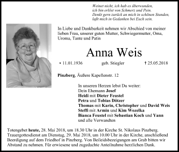Anna Weis | Traueranzeige | trauer.inFranken.de