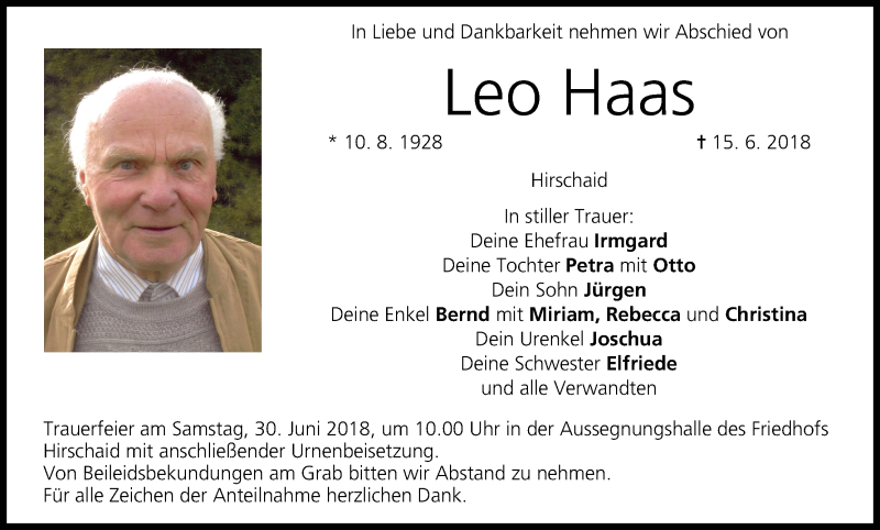 Leo Haas | Traueranzeige | trauer.inFranken.de