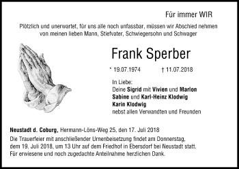 Frank Sperber | Traueranzeige | trauer.inFranken.de