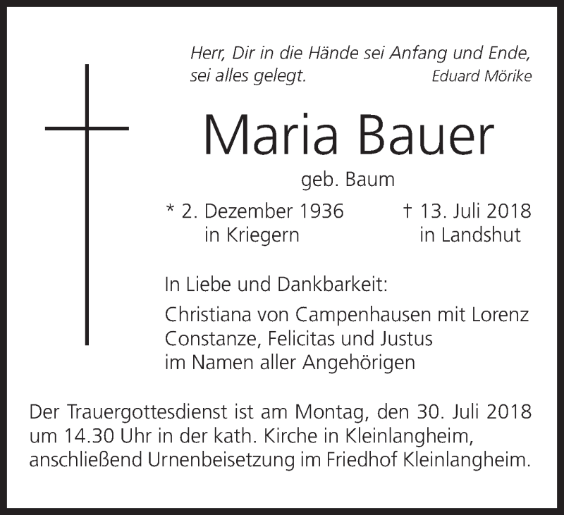 Maria Bauer | Traueranzeige | trauer.inFranken.de