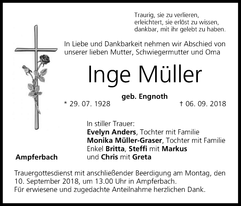Inge Müller | Traueranzeige | trauer.inFranken.de