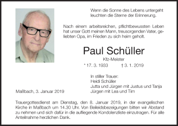 Paul Schüller | Traueranzeige | trauer.inFranken.de