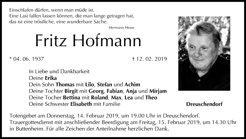 Fritz Hofmann | Traueranzeige | trauer.inFranken.de