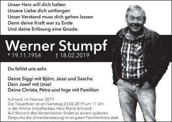 Werner Stumpf | Traueranzeige | trauer.inFranken.de
