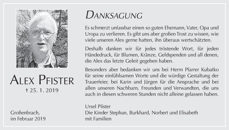 Alex Pfister | Traueranzeige | trauer.inFranken.de