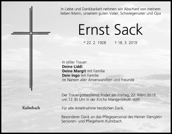 Ernst Sack | Traueranzeige | trauer.inFranken.de